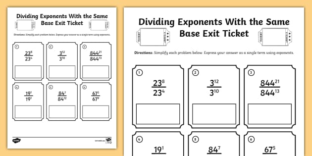 Eighth Grade Dividing Exponents With the Same Base Exit Ticket