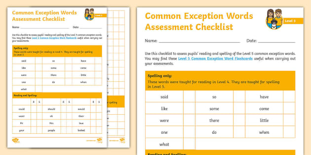Level 5 Common Exception Words Assessment Checklist - Twinkl Level 5 Common Exception Words Assessment Checklist - Twinkl