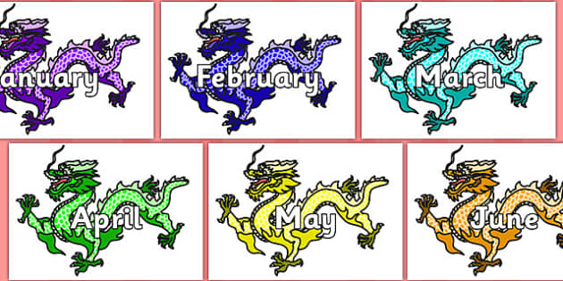 Months of the Year on Chinese Dragons (Multicolour) - Twinkl