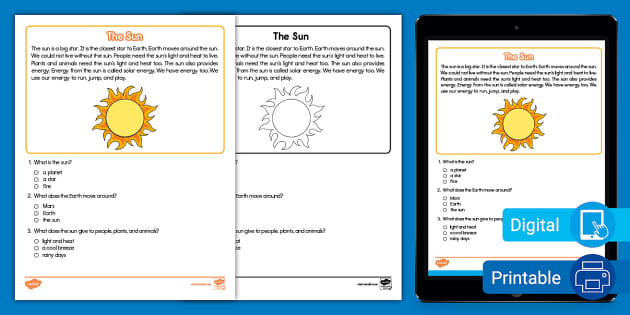 First Grade The Sun Reading Passage Comprehension Worksheet