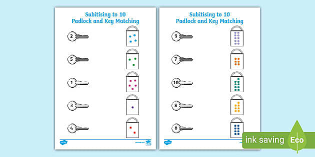 👉 Subitising Numbers to 10 Padlock And Key Matching Activity