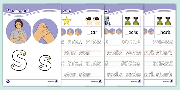 Words Starting with S Handwriting Worksheets with Auslan