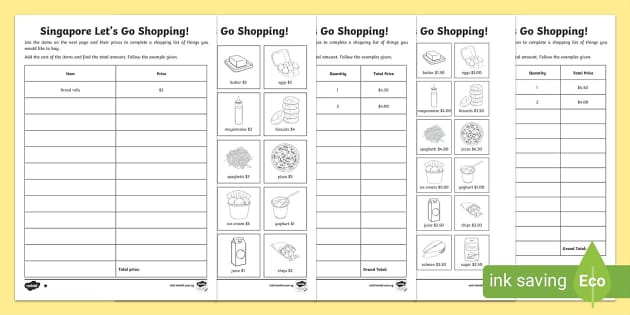 *Singapore Shopping List Differentiated Worksheets*