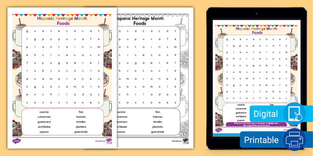 Hispanic Heritage Month Foods Word Search for K-2nd Grade