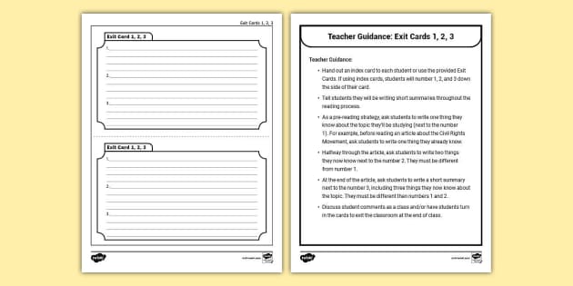 Eighth Grade Exit Cards 1,2,3 Summarization Activity
