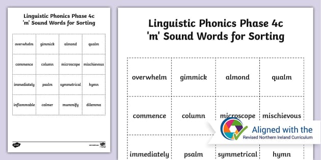NI Linguistic Phonics Phase 4c 'm' Sound Words for Sorting