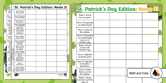 St. Patrick's Day Edition: Name 3 Game for 3rd-5th - Twinkl