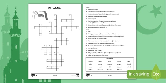 Eid Vocabulary Crossword Worksheet / Worksheets