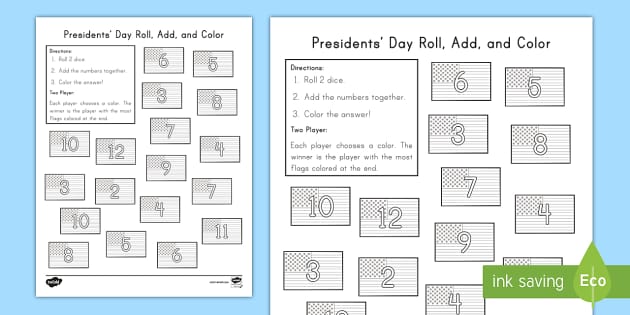 Presidents' Day Roll, Add, and Color Activity