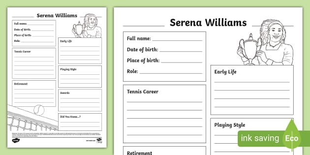 Serena Williams Fact File Template, Serena Williams - Twinkl