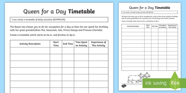 Queen for a Day Timetable Worksheet / Worksheet