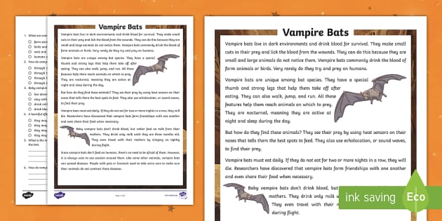 Fourth Grade Vampire Bats Reading Comprehension Activity