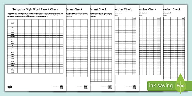 Turquoise Reading Sight Words Checklist (teacher made)