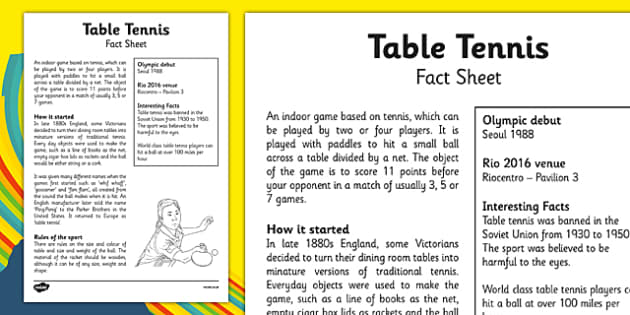 The Olympics Table Tennis Fact Sheet (teacher made)