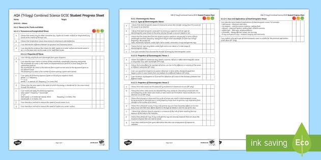 AQA Physics Unit 6 Waves Student Progress Sheet - Twinkl