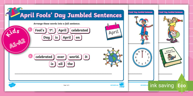 ESL April Fools' Day Jumbled Sentences Worksheet [Kids, A1-A2]
