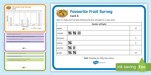 Favourite Fruits Survey Tally and Pictogram Maths Challenge Cards