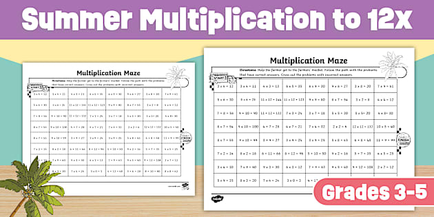 Summer Multiplication to 12x Math Facts Maze for 3rd-5th Grade