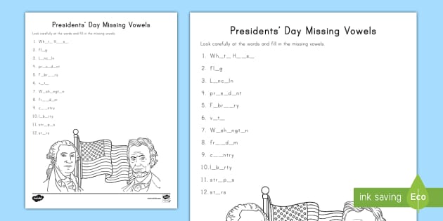 Presidents' Day Missing Vowels Activity
