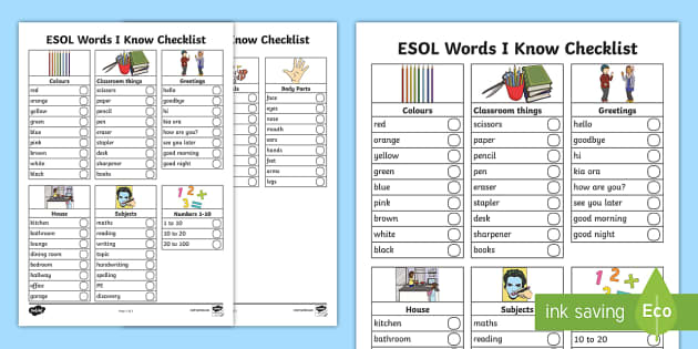 ESOL Worksheets - Words I know Checklist (teacher made)
