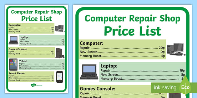 Computer Repair Shop Price List teacher Made 