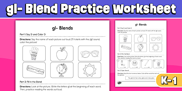 gl- Blend Practice Worksheet for K-1st Grade
