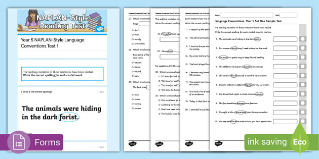 NAPLAN Style Language Conventions Set One Year 5 Sample Exam Questions Pack