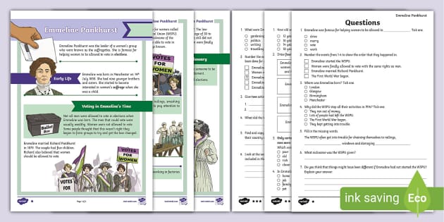 LKS2 Emmeline Pankhurst Reading Comprehension - Twinkl