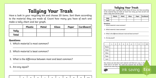 Tally Your Trash Worksheet - statistics, graph, green, recycling, maths