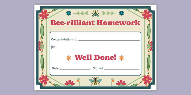 Bee-Themed Bee-rilliant Homework Certificate (Teacher-Made)