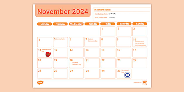 Interactive: November Events First Level Teacher Calendar