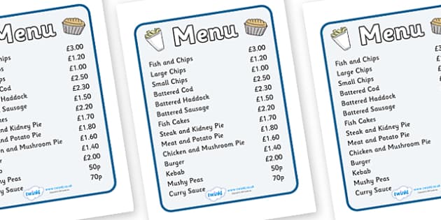 Fish And Chip Shop Role Play Menu (teacher made)