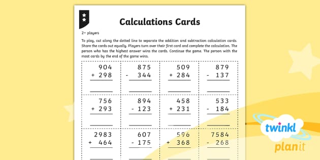 PlanIt Maths Y4 Addition and Subtraction Calculation Cards Home Learning
