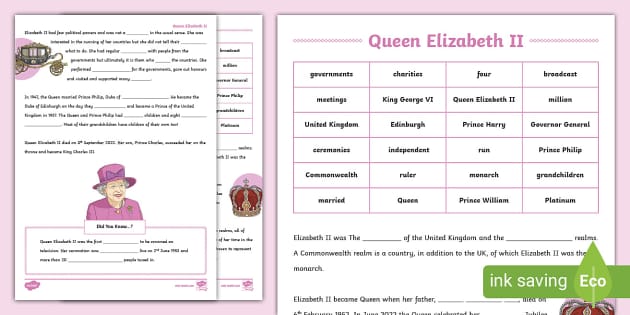 Queen Elizabeth II Cloze Activity (teacher made) - Twinkl