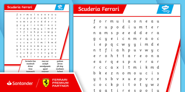 Scuderia Ferrari F1: Word Search for 3rd-5th Grade