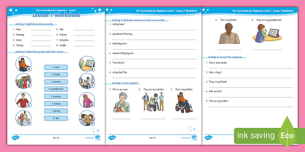 ESL Curriculum Level 1, Lesson 7 Worksheet (teacher made)