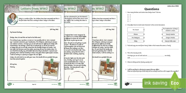 UKS2 Remembering the War: WW2 Letters Comprehension Activity