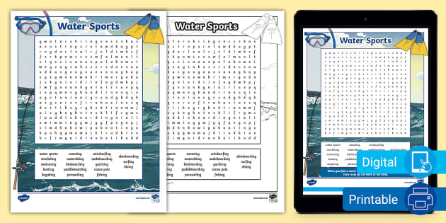 Water Sports Word Search for 6th-8th Grade - Twinkl