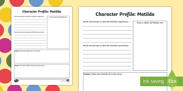 Matilda Character Profile Worksheet (teacher made) - Twinkl