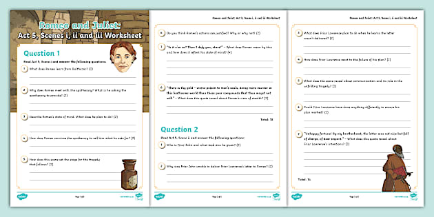 Romeo and Juliet: Act 5, Scenes i, ii and iii Worksheet