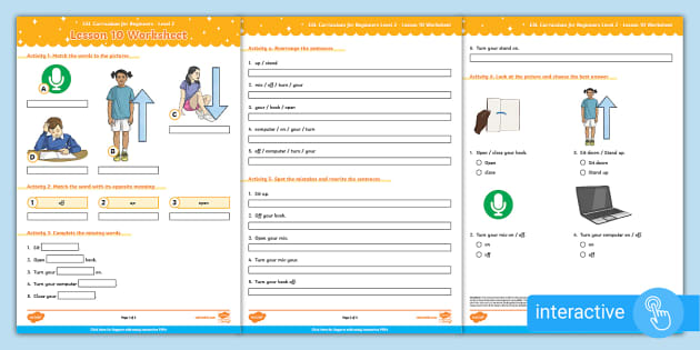 ESL Curriculum Level 2 Lesson 10 Interactive Worksheet Twinkl