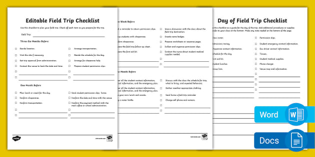 Editable Field Trip Checklist for Teachers (teacher made)