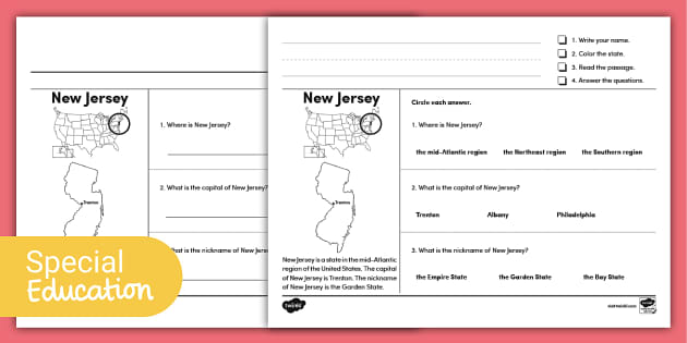 New Jersey Activity Page for Special Education - Twinkl