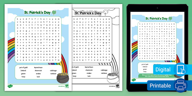 st patrick's day coloring pages word search