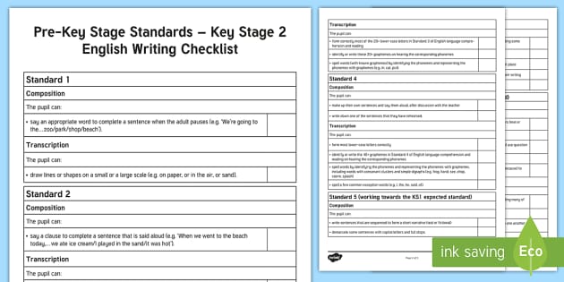 Pre-Key Stage Standards KS2 English Writing Assessment Checklist