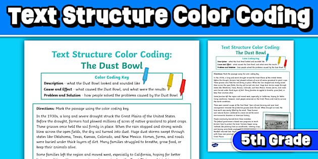 Fifth Grade Text Structure Color Coding Passage