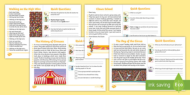 KS1 60-Second Reads: Circus-themed Activity Pack - Twinkl