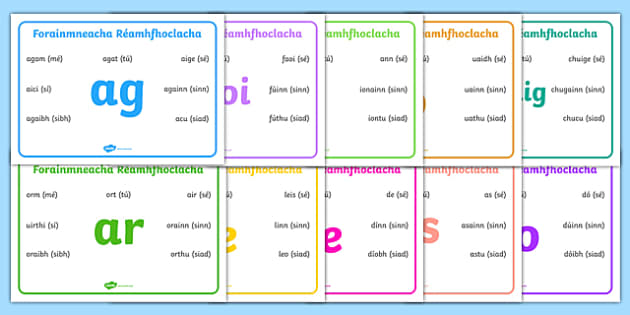 Forainmneacha Réamhfhoclacha Word Mats-Irish - Twinkl