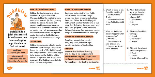 Buddhism Fact File and Quick Quiz (teacher made) - Twinkl