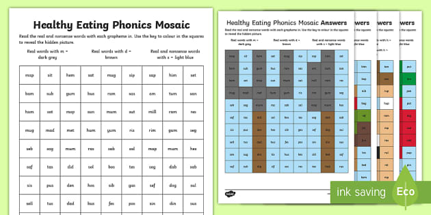 Healthy Eating Week Phase 2 Phonics Mosaic Worksheets